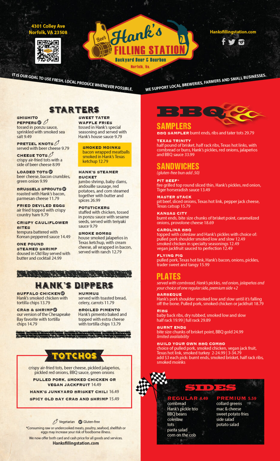 Best BBQ in Norfolk Menu | Hank's Filling Station